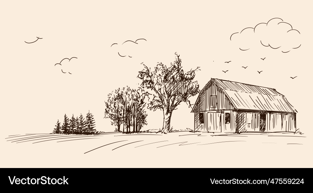 Landscape with wooden barn Royalty Free Vector Image