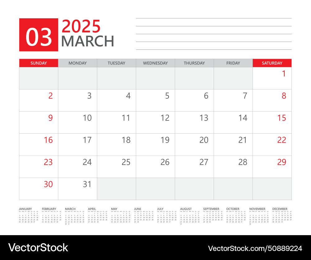 March 2025 year calendar planner Royalty Free Vector Image