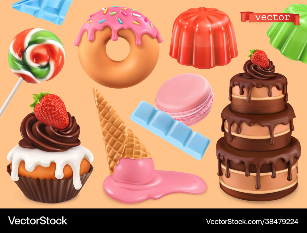 Sweet set 3d realistic objects cupcake cake Vector Image