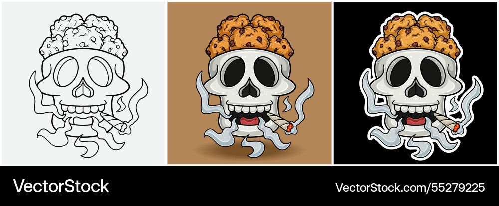 Cookies inside skull head with smoking character Vector Image
