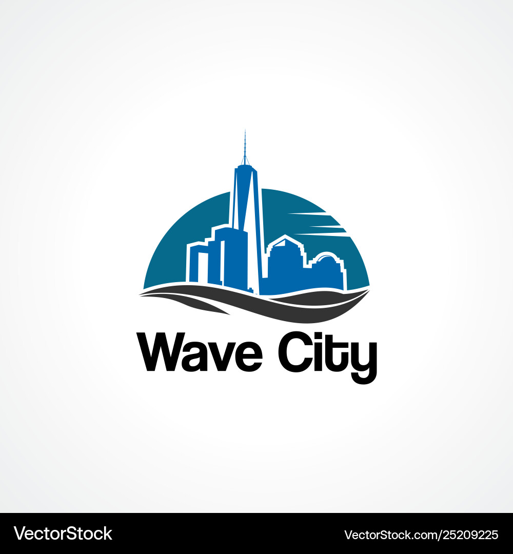 Wave city logo with skyline on sun concept Vector Image