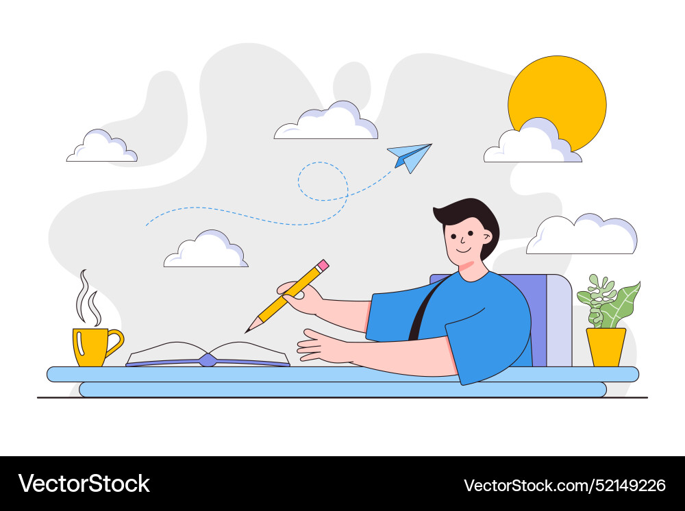 Young man holding pencil writing diary journal Vector Image