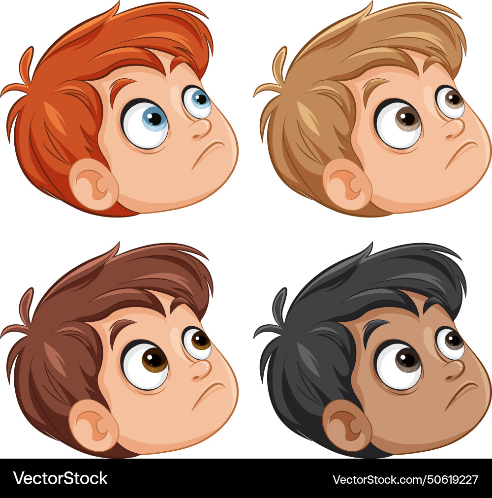 Four boys showing different facial expressions Vector Image