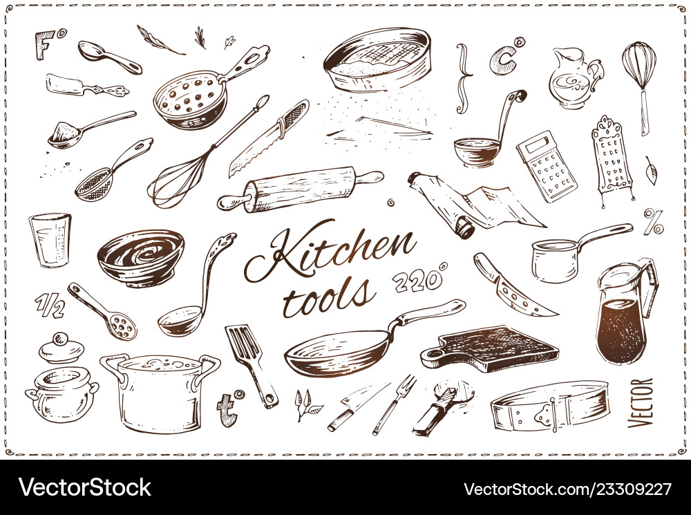Hand drawn kitchen tools isolated icons set Vector Image