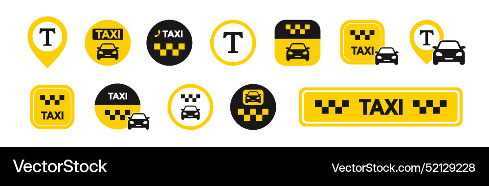 Taxi service icon set car map pin mark Royalty Free Vector