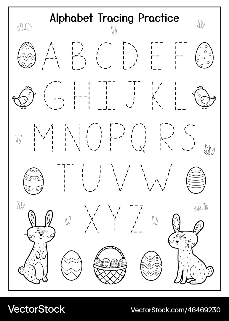 Easter alphabet tracing worksheet educational Vector Image
