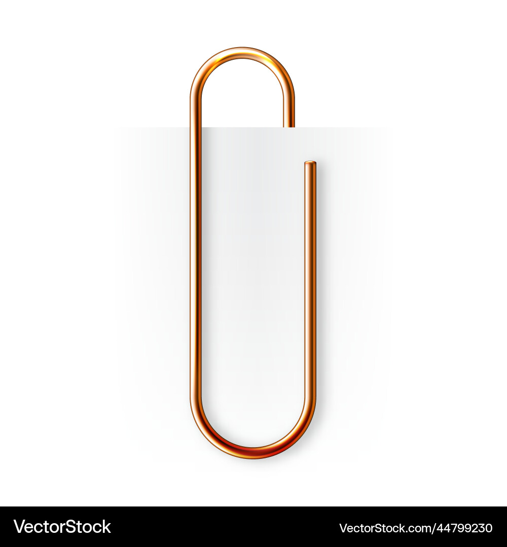 Realistic copper paperclip attached to paper Vector Image