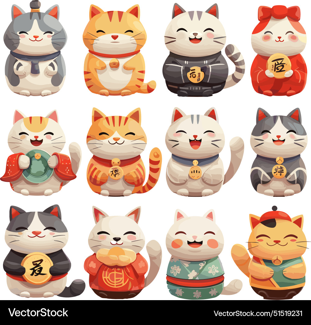 Maneki neko cats cartoon set kimono Royalty Free Vector