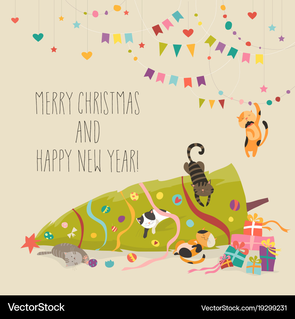 Merry Cats with Christmas Tree Royalty Free Vector Image