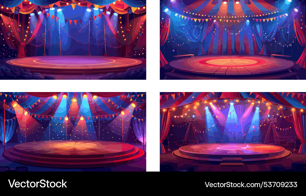 Circus arena cartoon scenes round stage Royalty Free Vector
