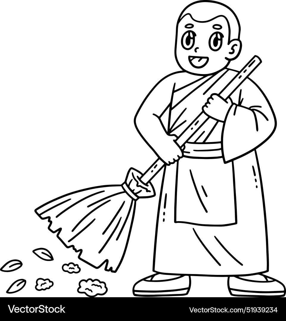 Buddhism monk cleaning isolated coloring page Vector Image