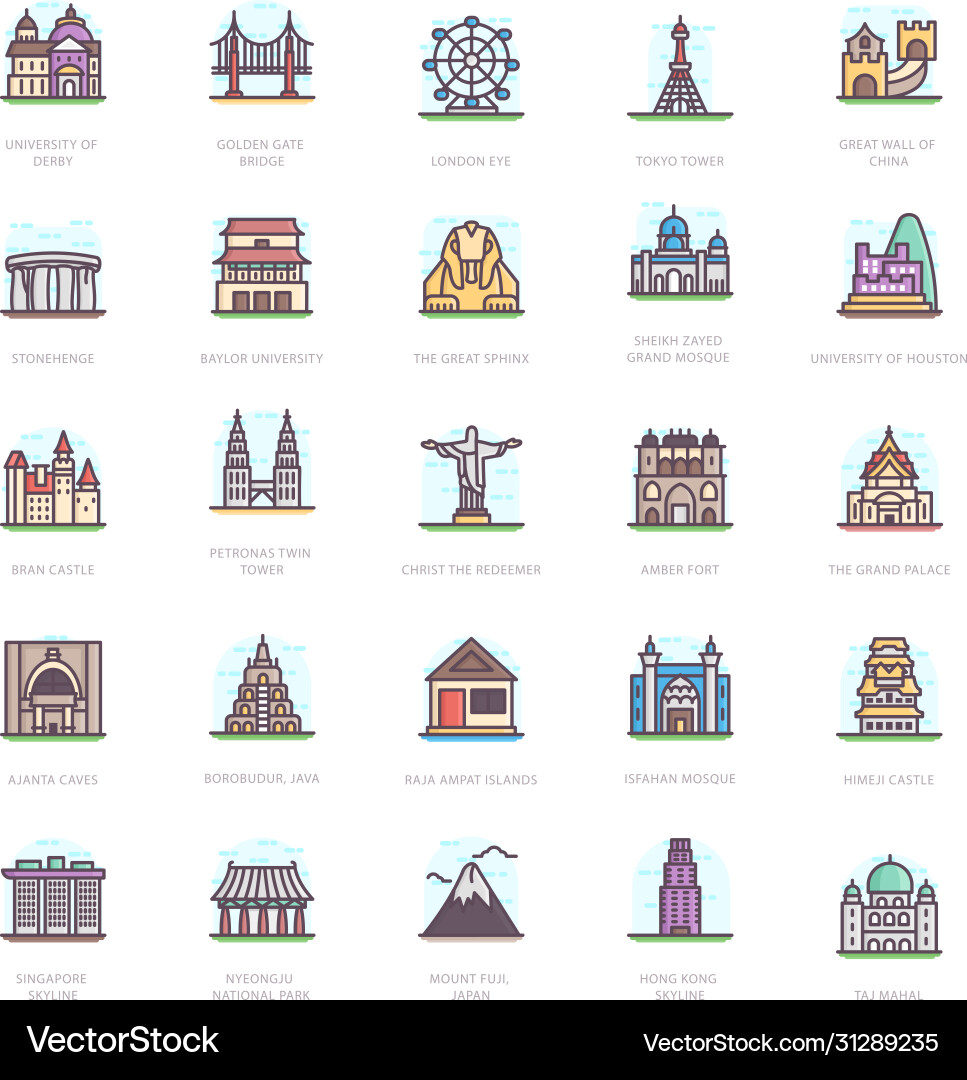 Global Memorial Landmarks Icons Royalty Free Vector Image