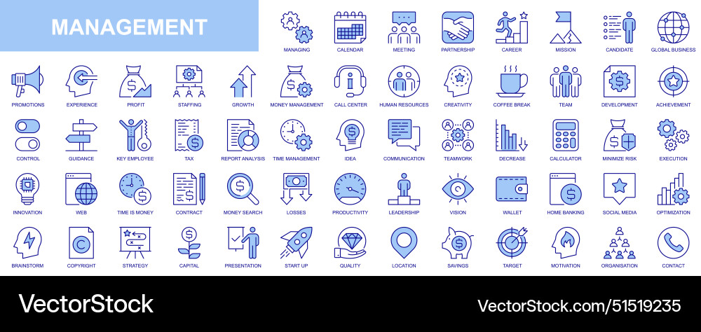 Management web icons set in duotone outline stroke