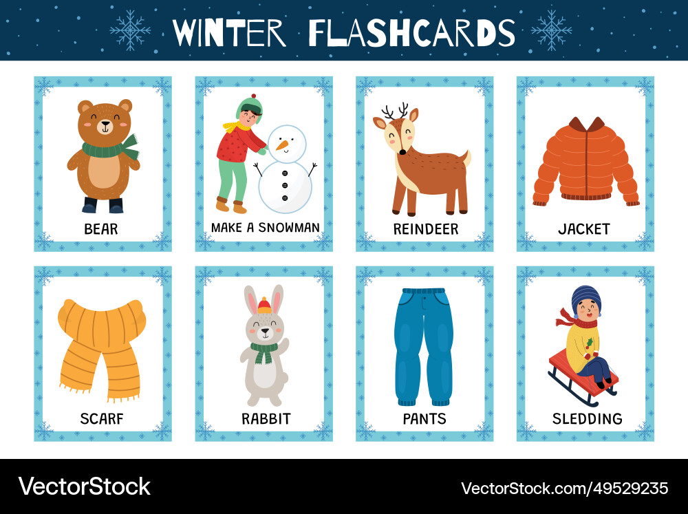 Winter flashcards collection for kids Royalty Free Vector