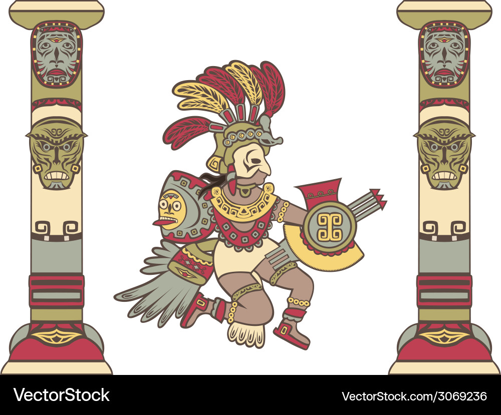 Aztec god between columns colored Royalty Free Vector Image