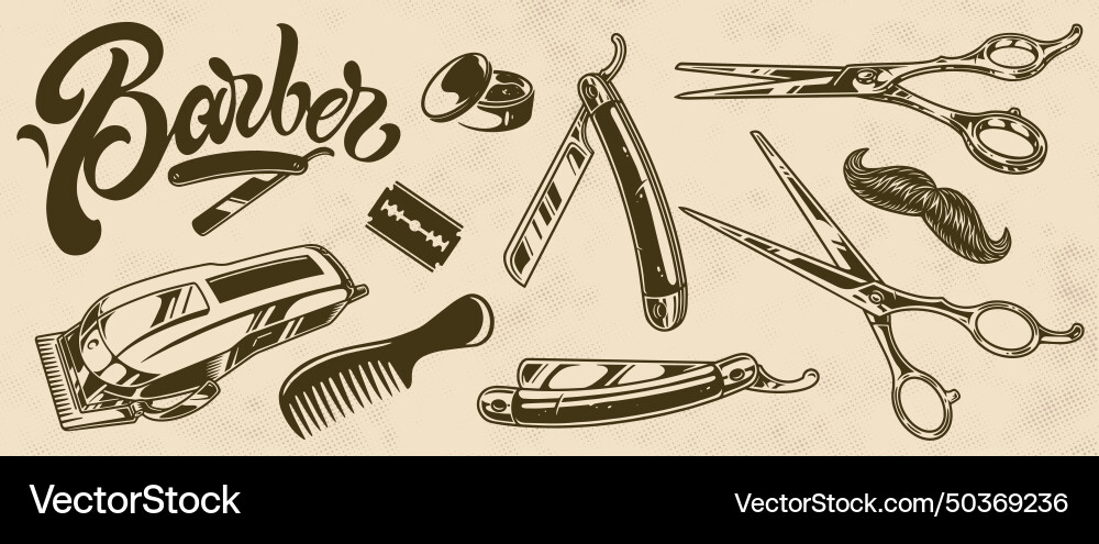 Barber equipment monochrome set stickers Vector Image