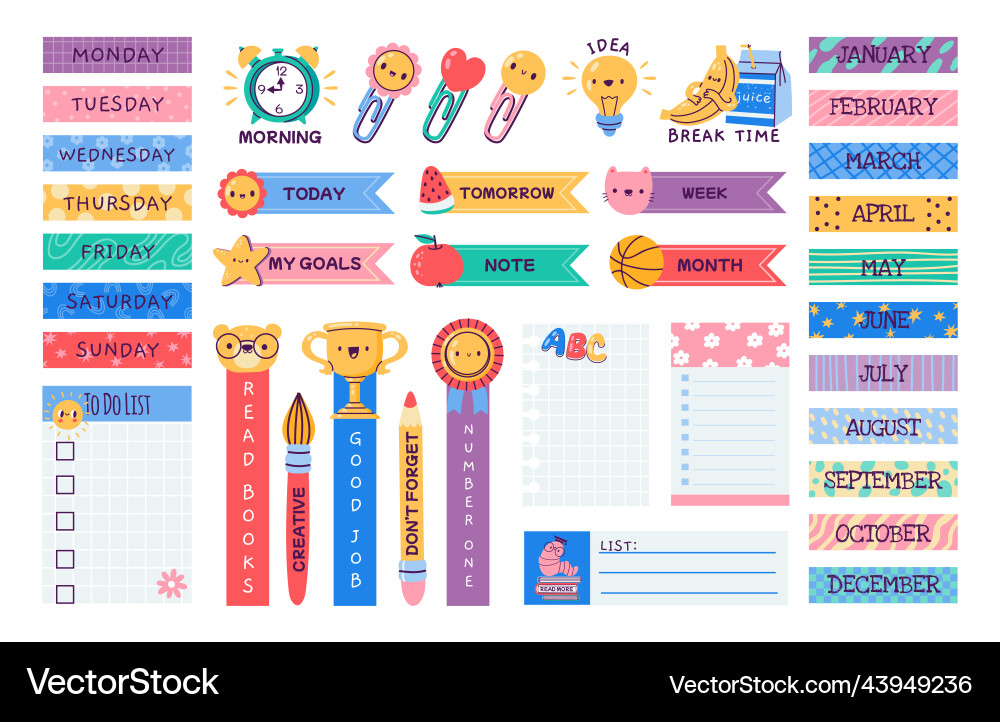 School journal stickers cartoon planner label Vector Image