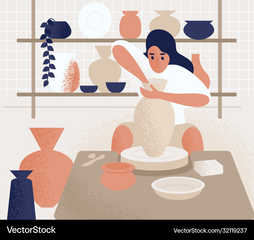 Focused woman making pot on potters wheel Vector Image