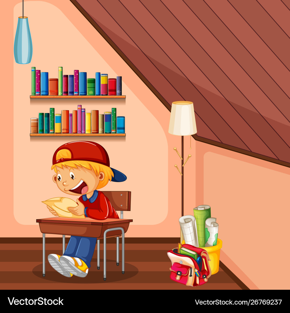 Kid doing homework in room with bag and books Vector Image