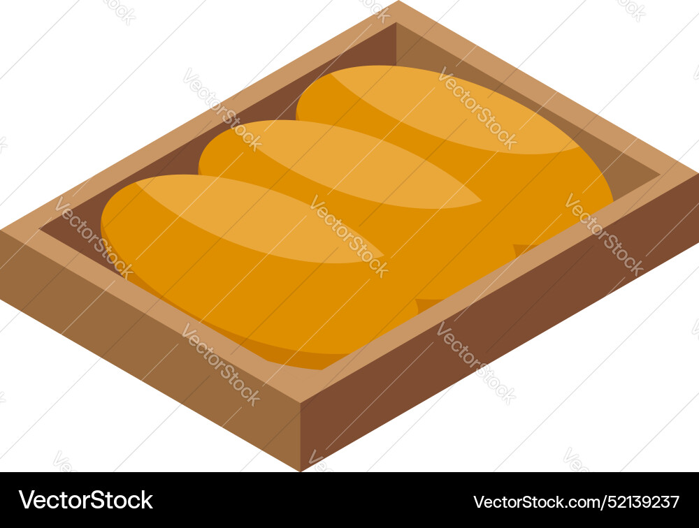 Wooden box containing three mangoes for delivery Vector Image
