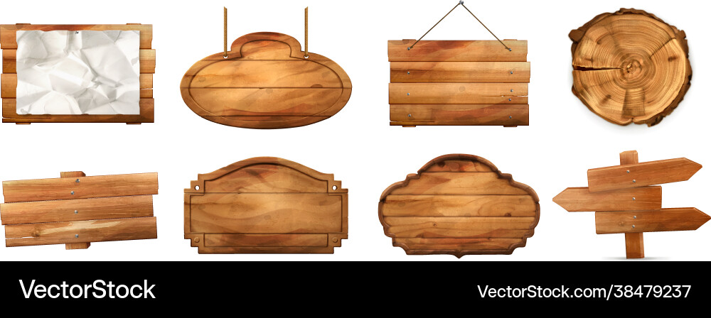 Wooden sign with old texture 3d realistic set Vector Image