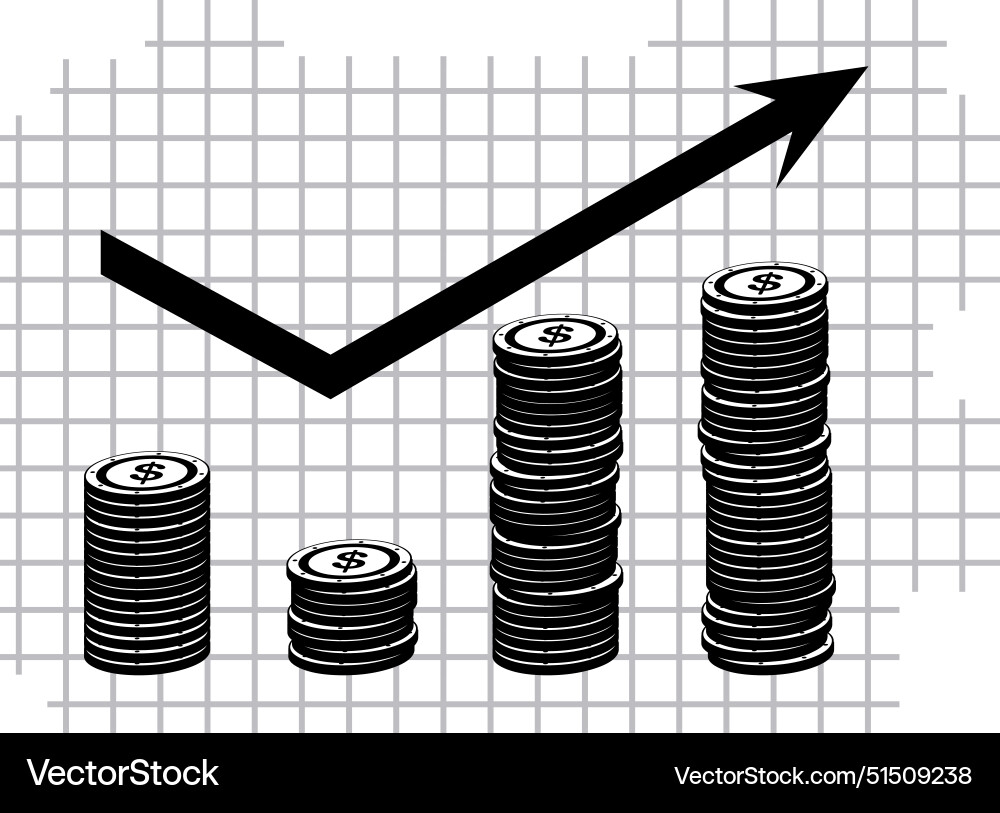 Black and white icon statistics trend up coins Vector Image