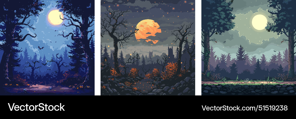 Night forest pixel art concepts trees Royalty Free Vector