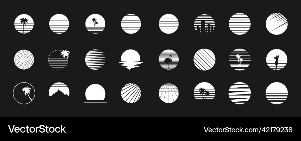 Set of retrowave design elements sun sunset Vector Image