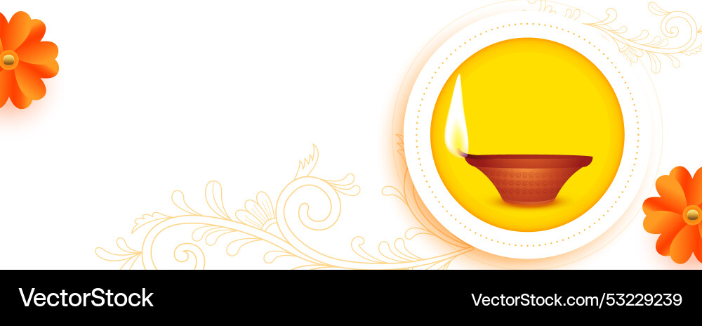 Glowing diwali diya white banner with text space Vector Image