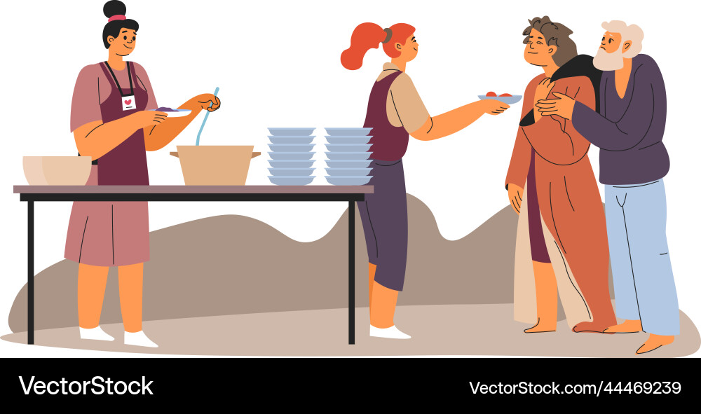 Volunteer feeding poor homeless people outdoors Vector Image