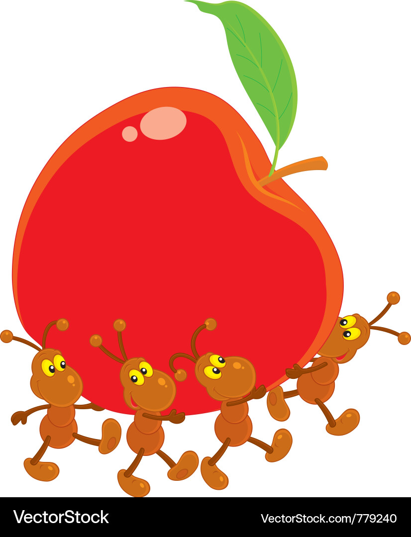 Ants carrying a red apple Royalty Free Vector Image