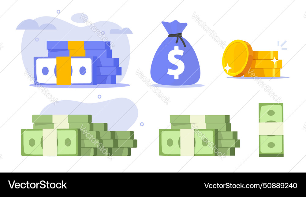Money cash pile stack icon set graphic dollar Vector Image