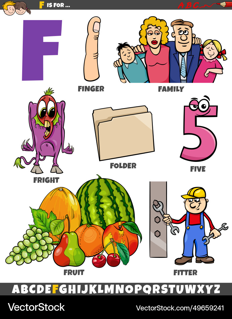 Letter f set with cartoon objects and characters Vector Image