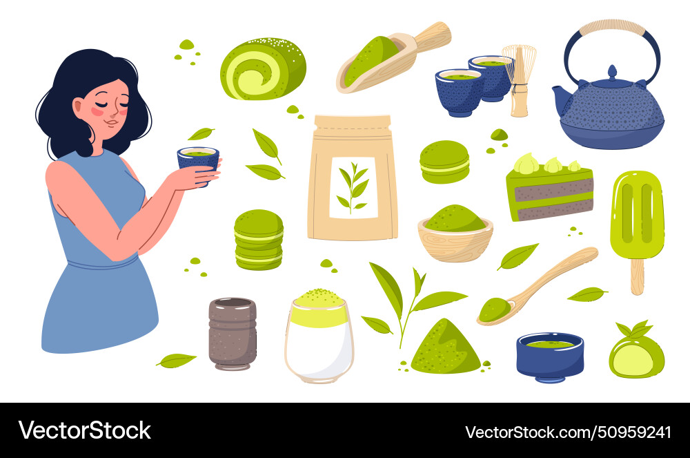 Matcha tea elements delicious green desserts Vector Image