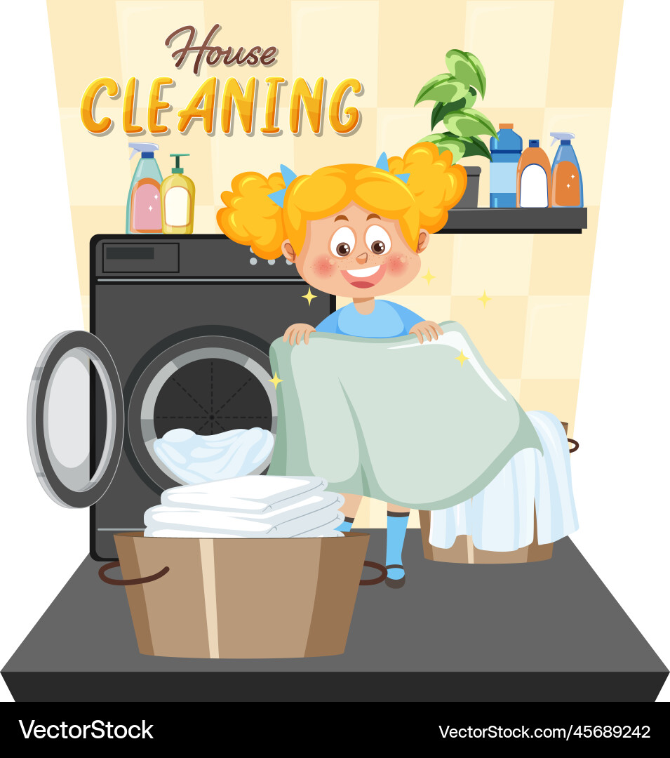 Cartoon girl doing laundry with washing machine Vector Image