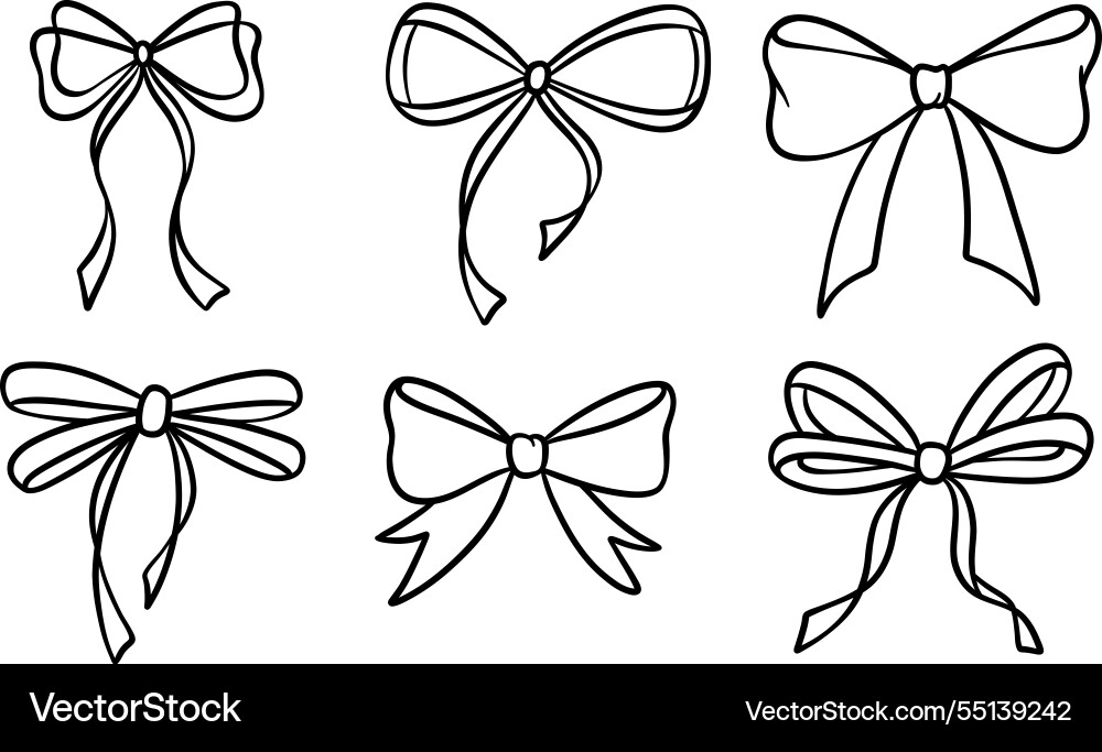 Ink bow clip art set ribbon line doodle Royalty Free Vector