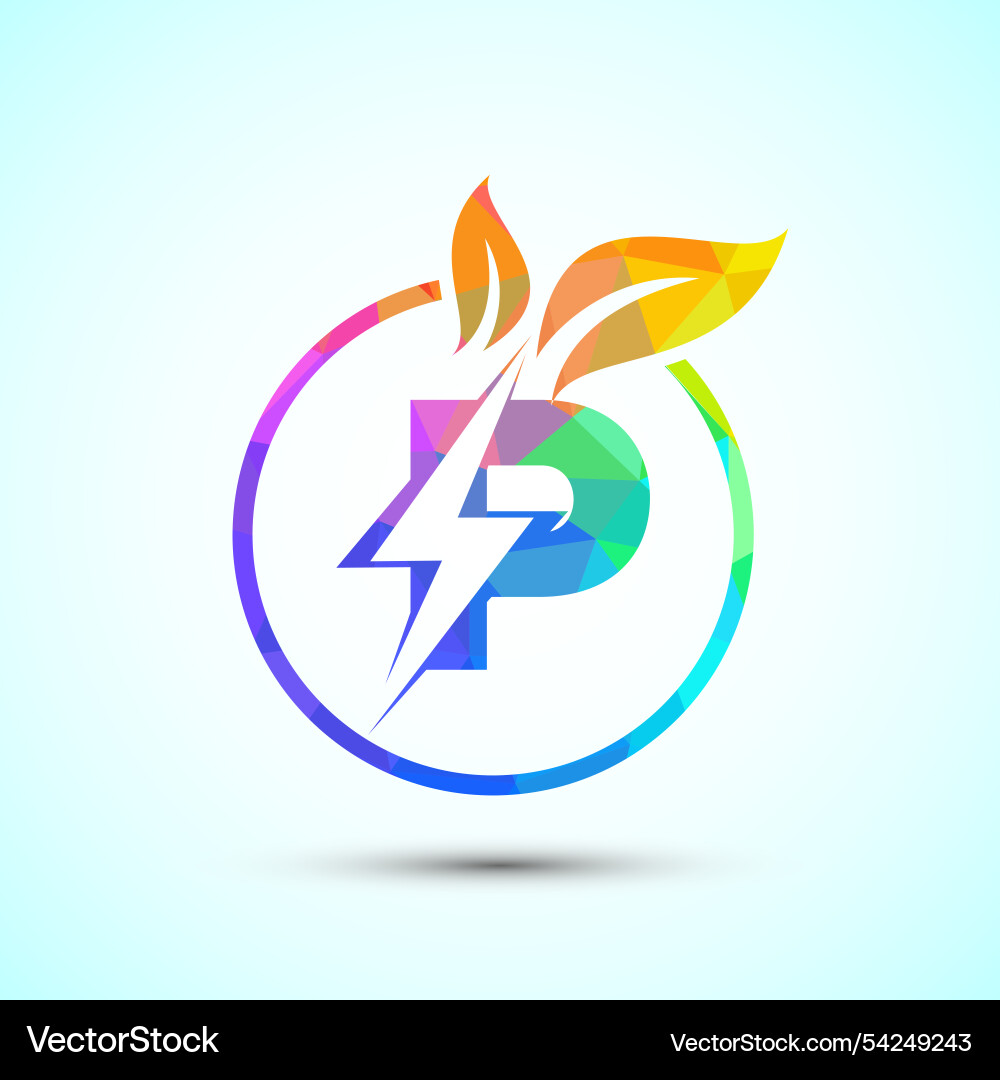 English alphabet p with thunderbolt and leaf eco Vector Image