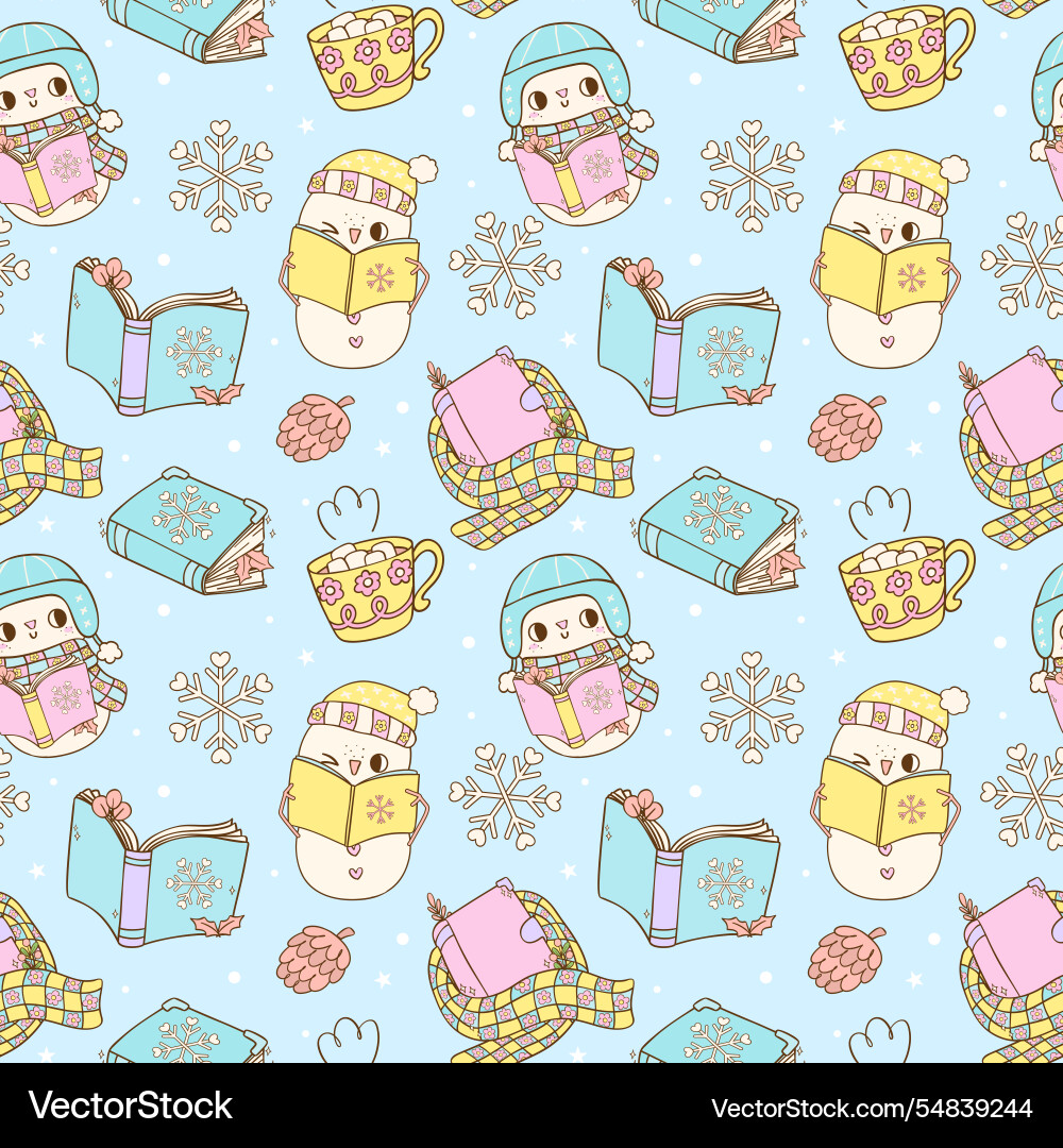 Cute groovy retro winter bookish snowman reading Vector Image