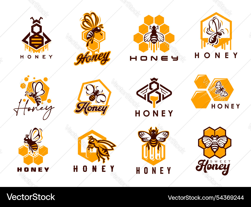 Honey bee beekeeping icons with honeycombs Vector Image