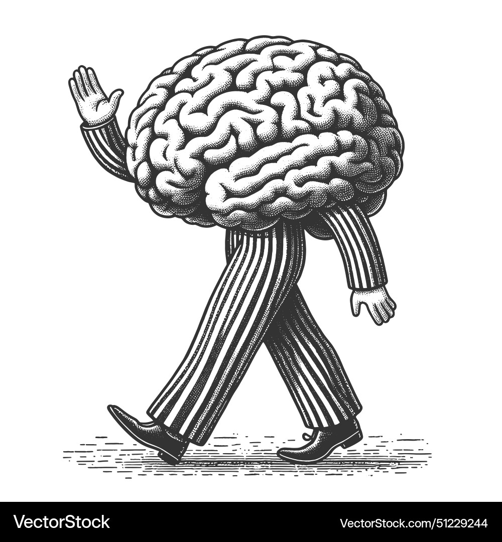 Walking brain character in striped suit Royalty Free Vector