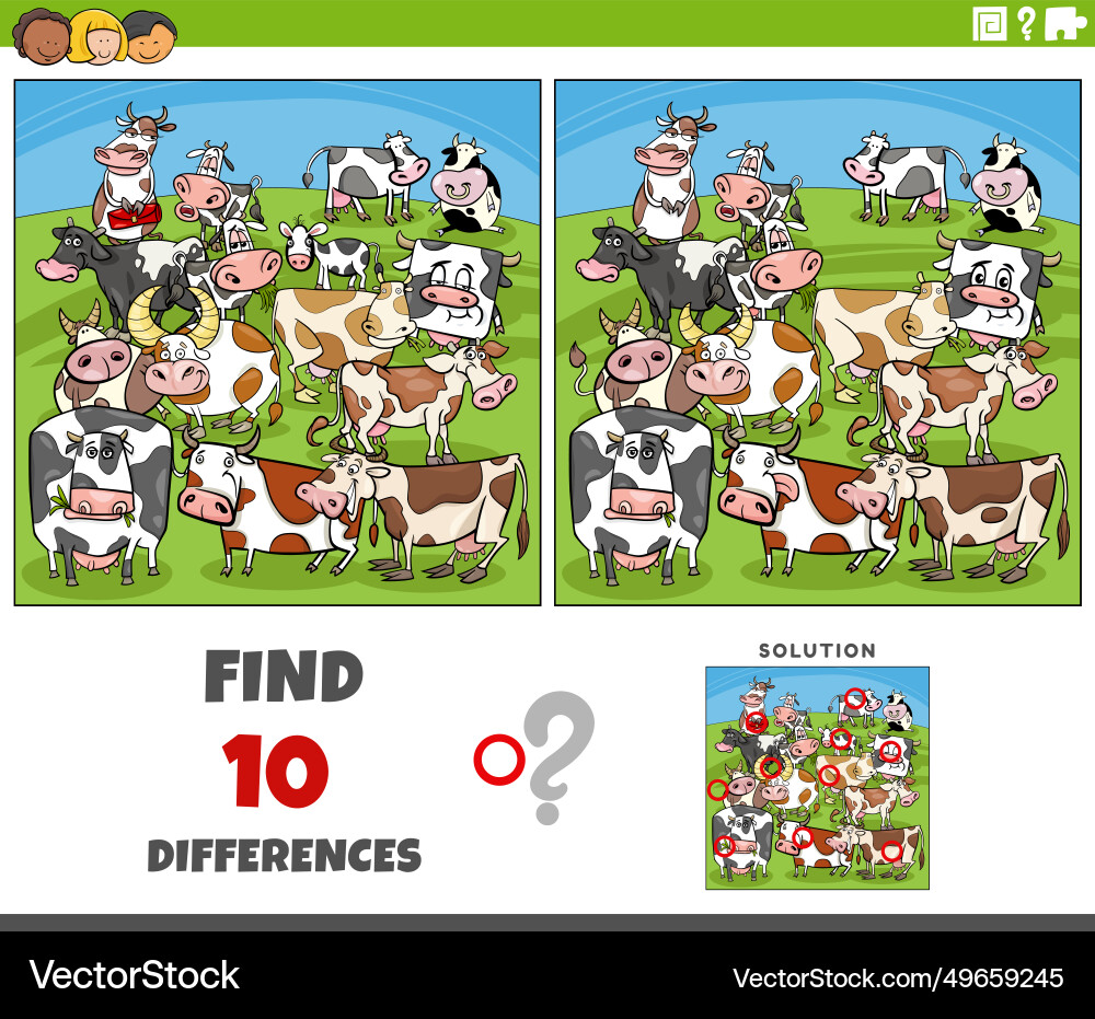Differences activity with cartoon cows farm Vector Image