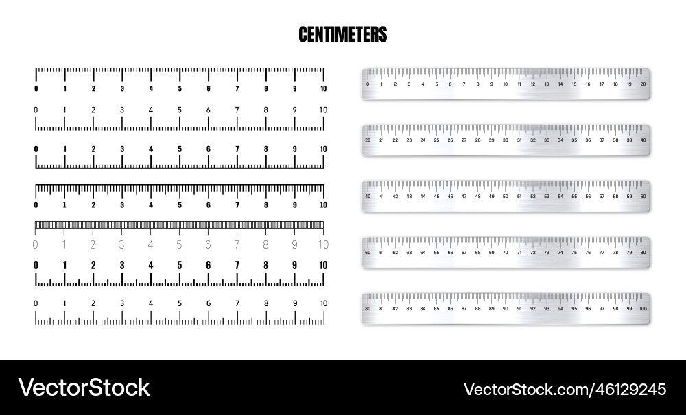 Realistic metal rulers with black centimeter scale