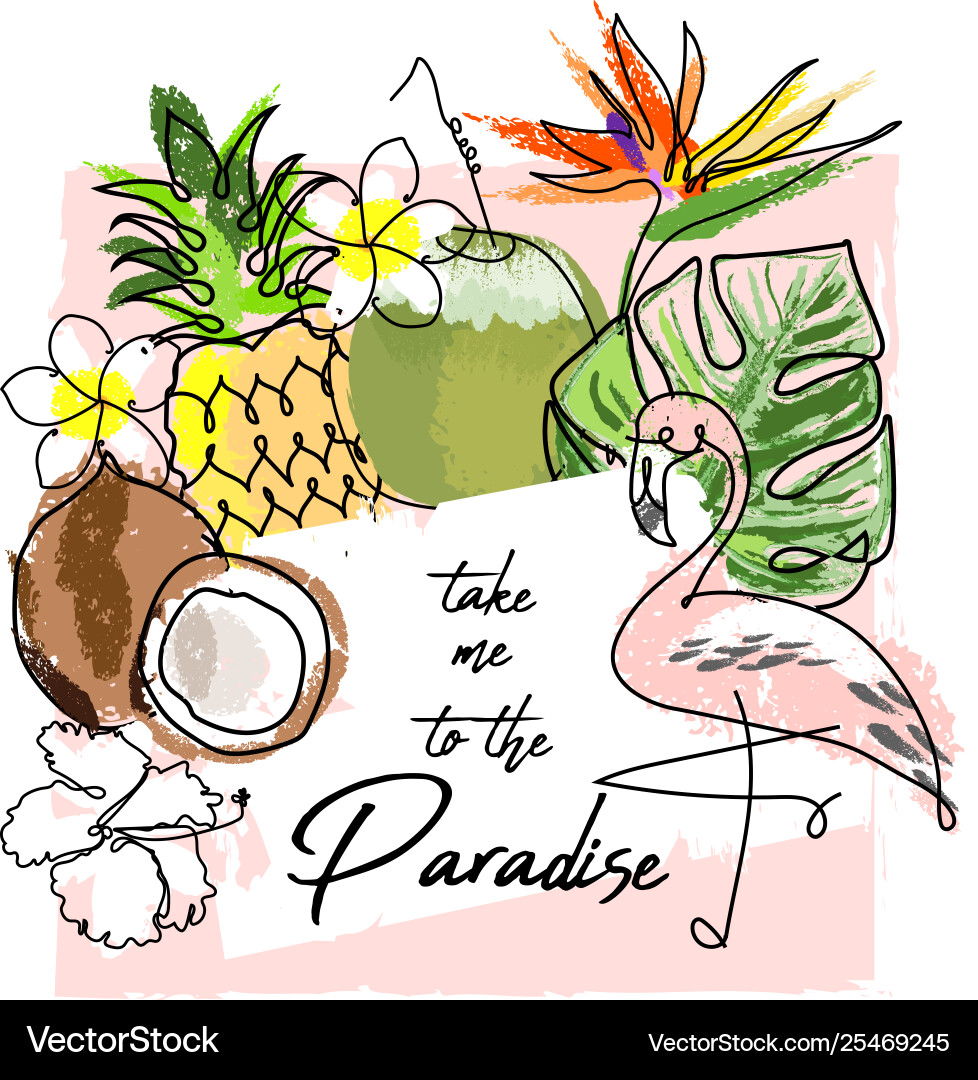 Tropical summer background with cute cartoon items