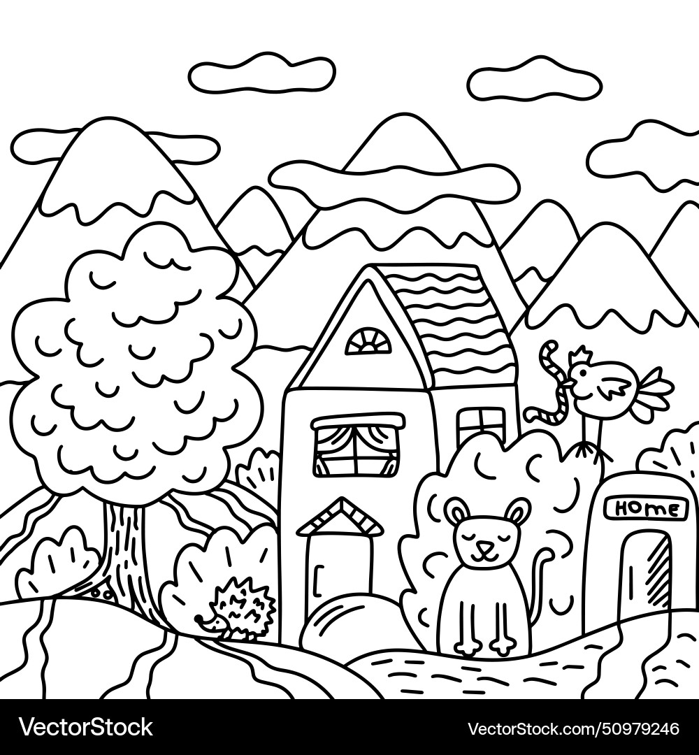 Kids coloring page house and tree animals Vector Image