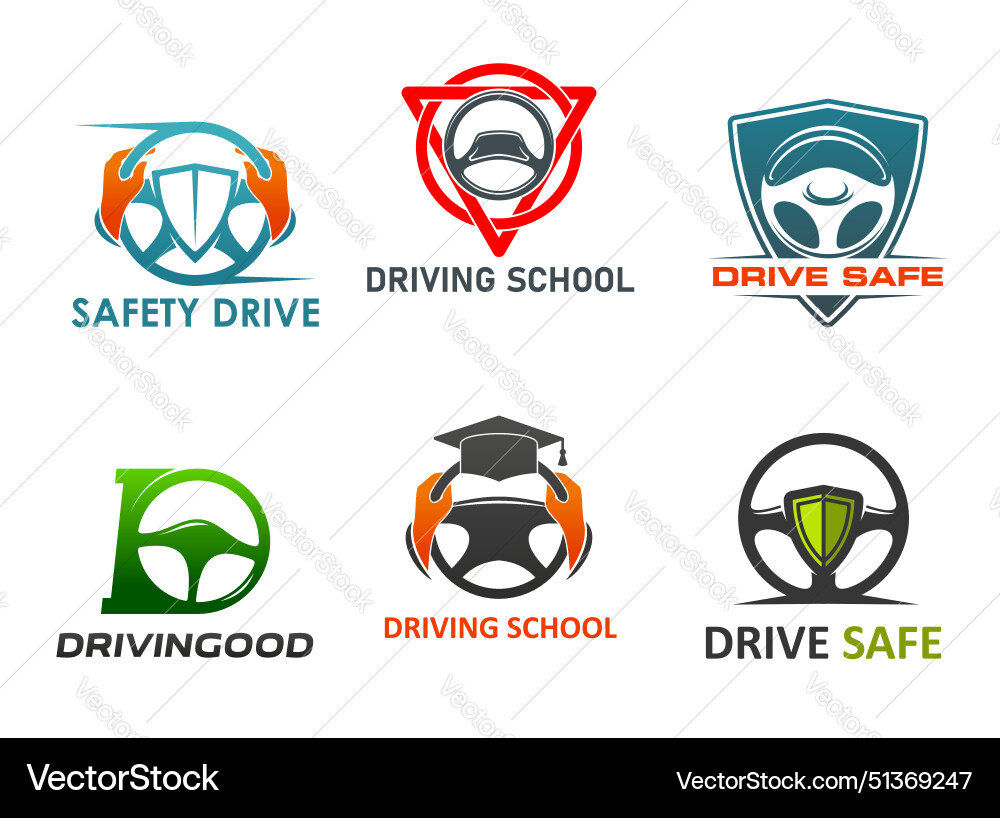 Drive school icons with car steering wheels Vector Image