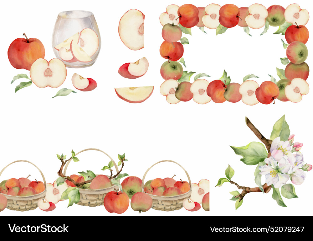 Watercolor Apple Wreath Set Royalty Free Vector Image