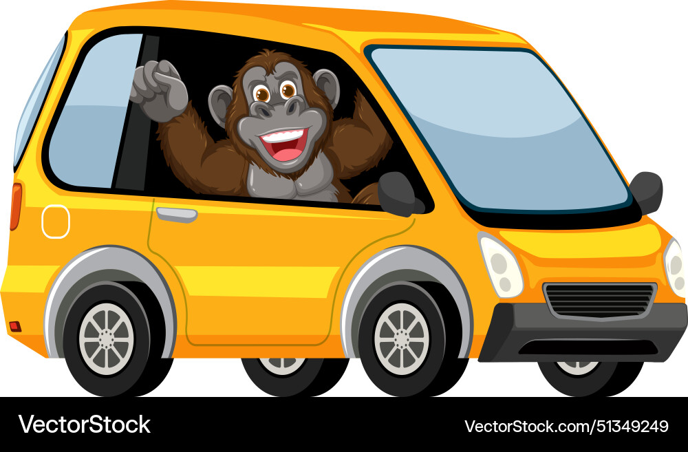 A happy monkey driving vibrant yellow vehicle Vector Image