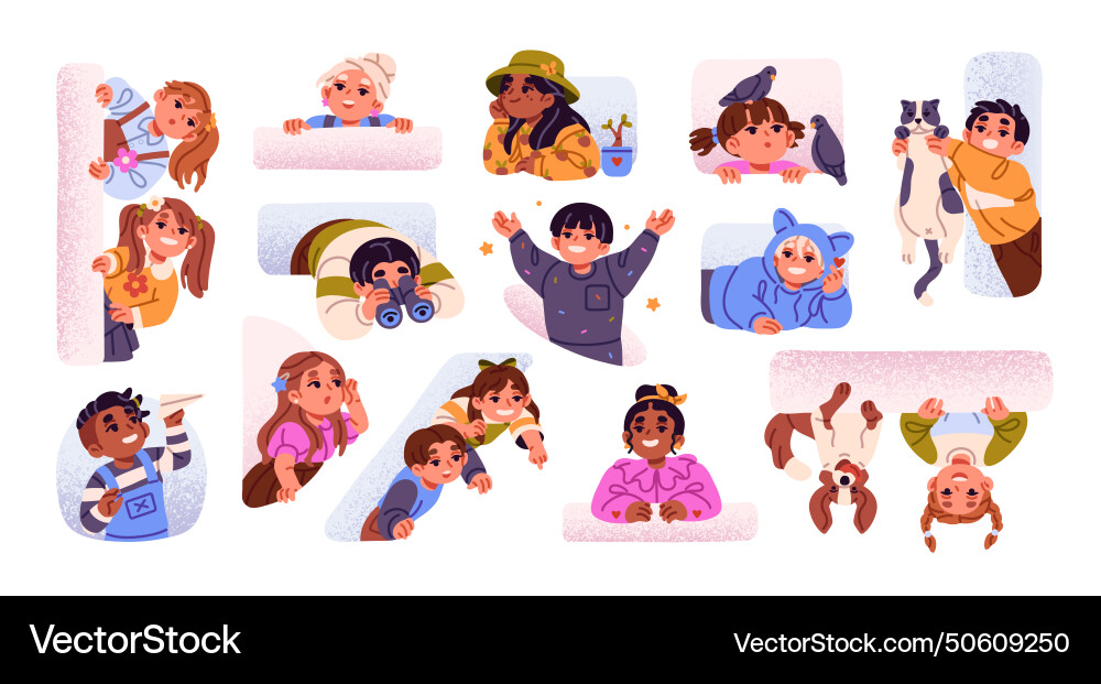 Curious children peeking looking out interested Vector Image