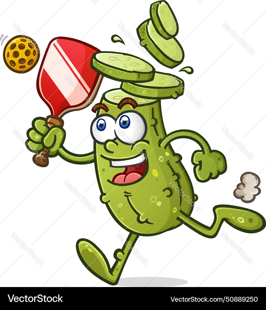 Pickle slices playing pickleball and running Vector Image