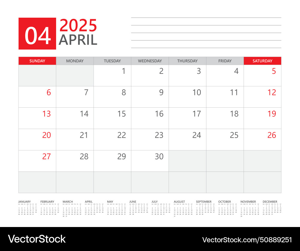 April 2025 year calendar planner Royalty Free Vector Image